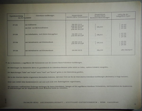 Teilekatalog Mercedes Benz Fahrerhaus Typ LP / LPS 315-334 Wackenhut ...