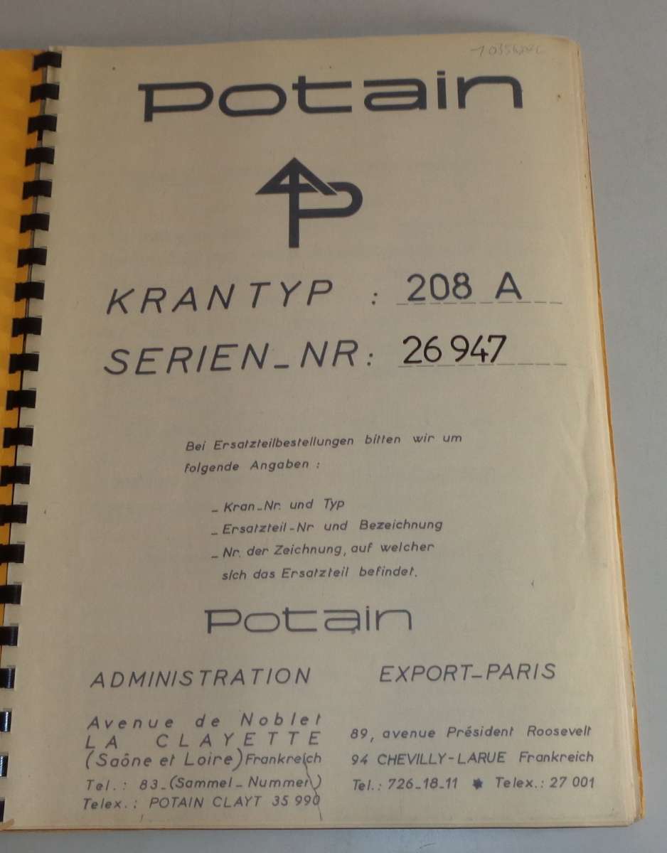 Betriebsanleitung / Handbuch Potain 208 A Kran von 10/1968 | PK-Buch