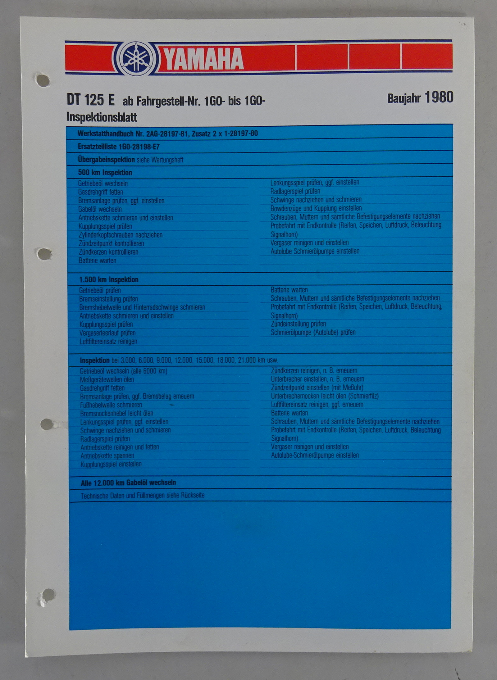 Inspektionsblatt Yamaha DT 125 E Baujahr 1980 | PK-Buch