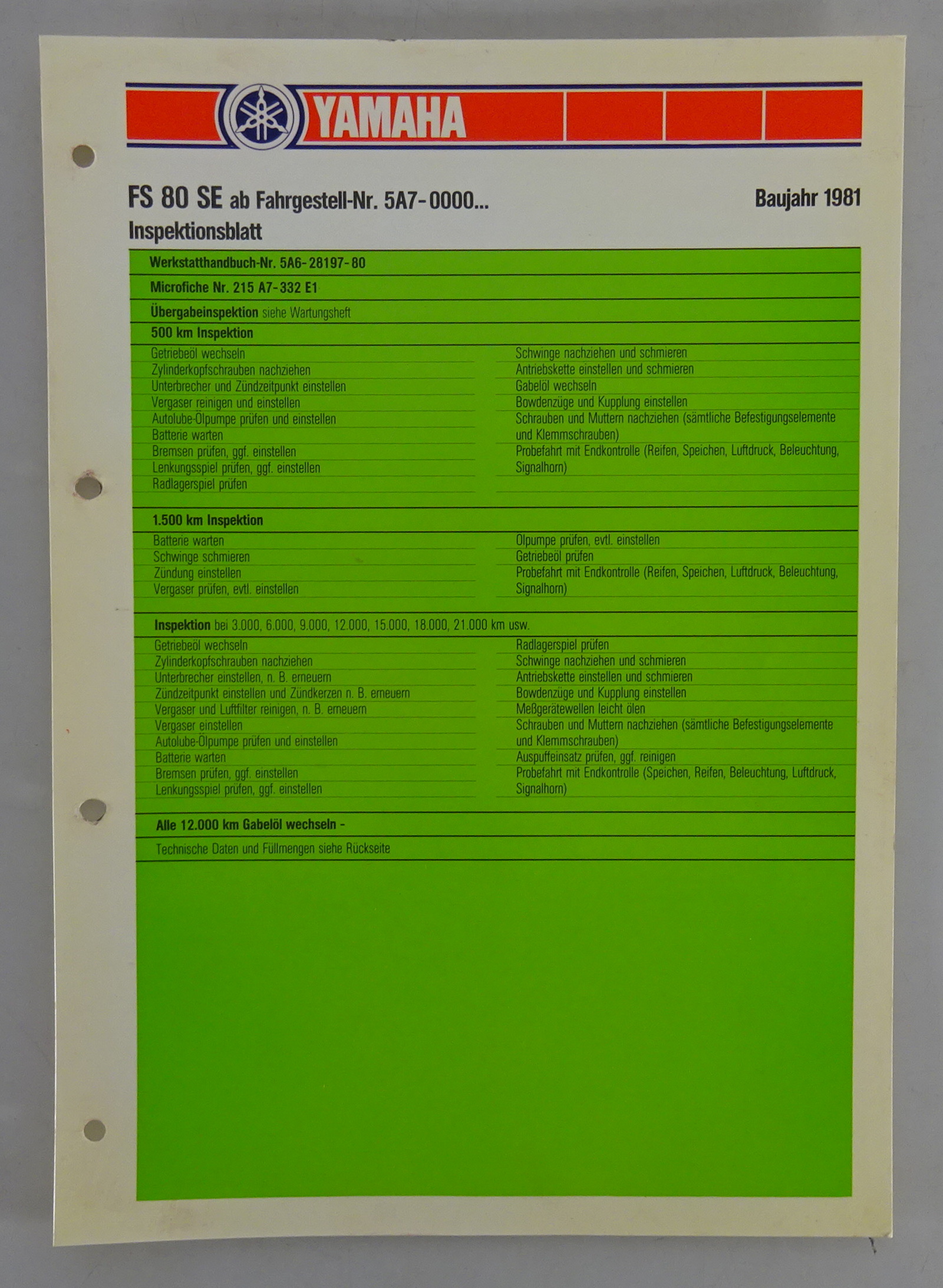 Inspektionsblatt Yamaha FS 80 SE Typ 5A7 Baujahr 1981 | PK-Buch