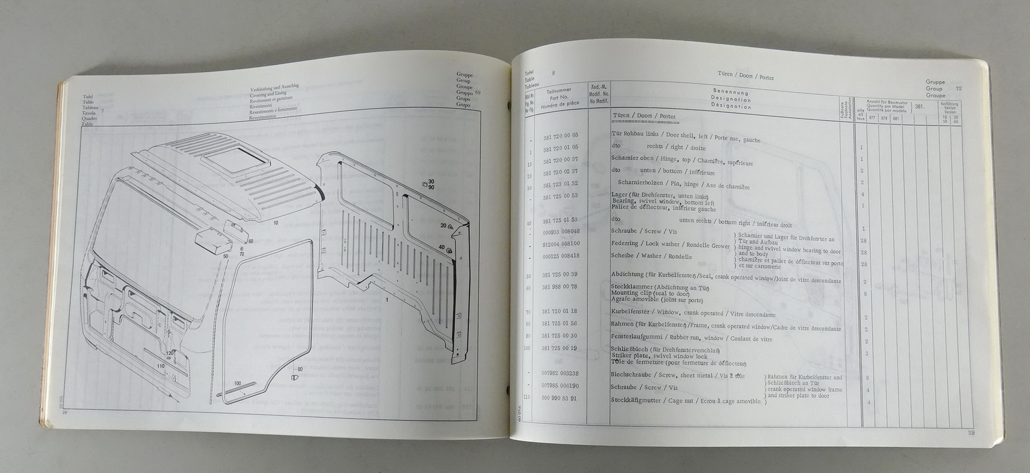 Teilekatalog / Parts List Mercedes Benz Fahrerhaus LKW Typ 381 Ausgabe ...