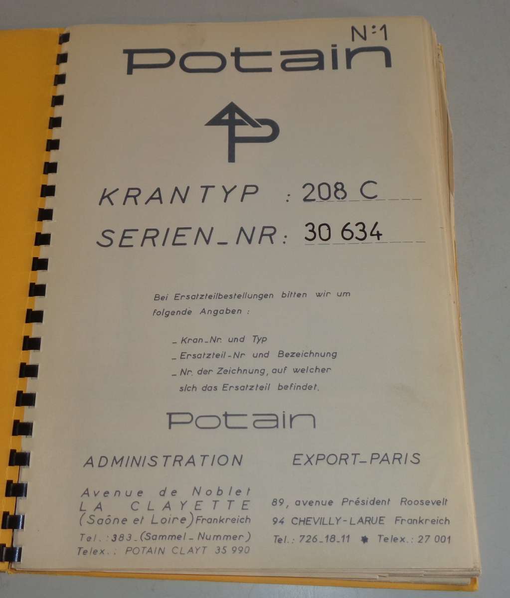 Betriebsanleitung / Handbuch Potain 208 C Kran von 01/1970 | PK-Buch